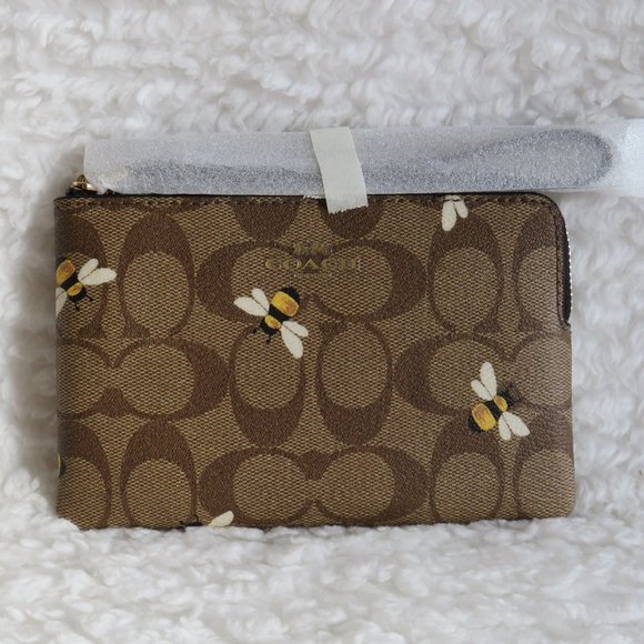 Coach | Bags | Coach Signature Bee Print Corner Zip Wristlet Khaki ...
